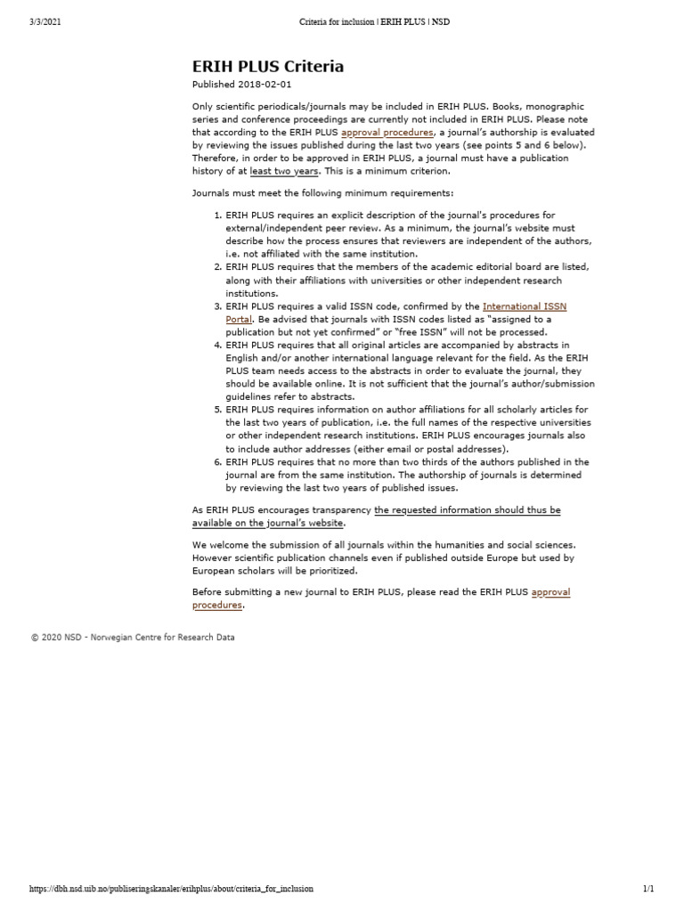 Criteria For Inclusion - ERIH PLUS - NSD | PDF | Abstract (Summary) | Scholarly Communication