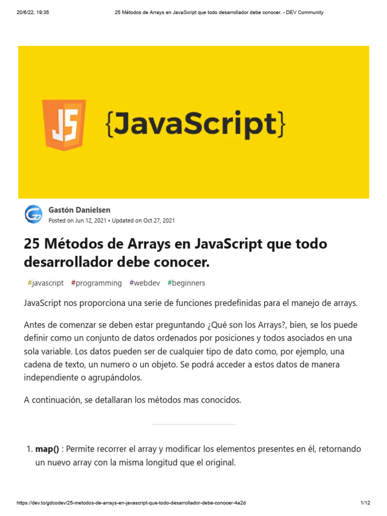 25 M_todos de Arrays en JavaScript Que Todo Desarrollador Debe Conocer. - DeV Community | PDF ...