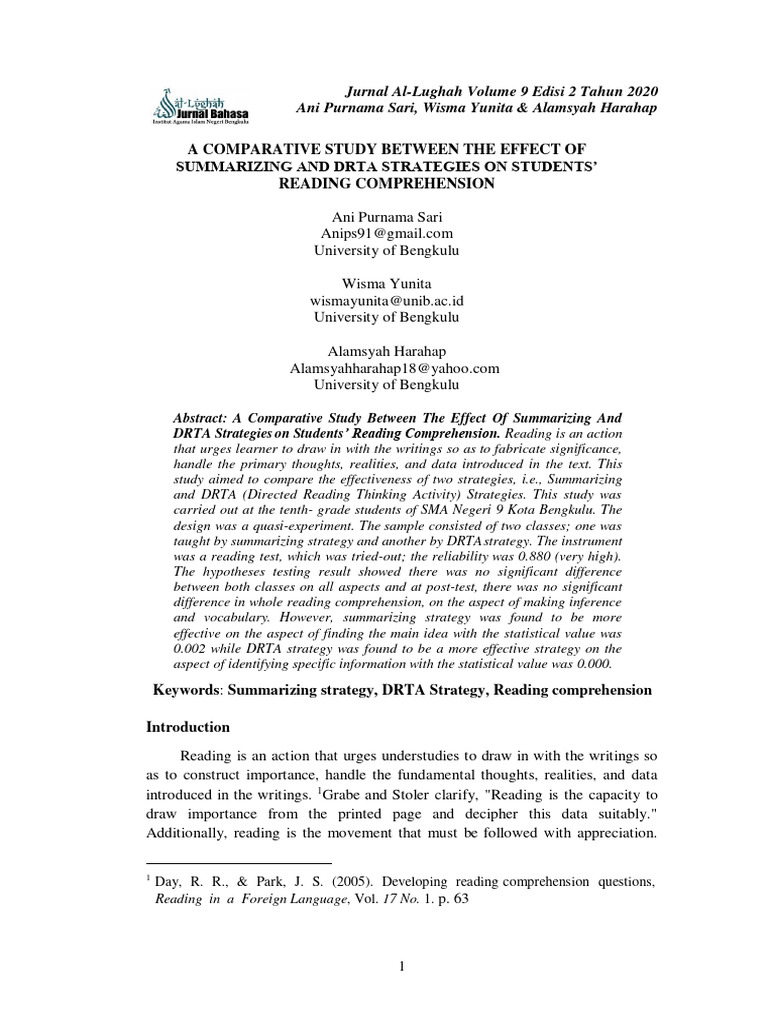 A Comparative Study Between The Effect of Summarizing and Drta Strategies On Students' Reading ...