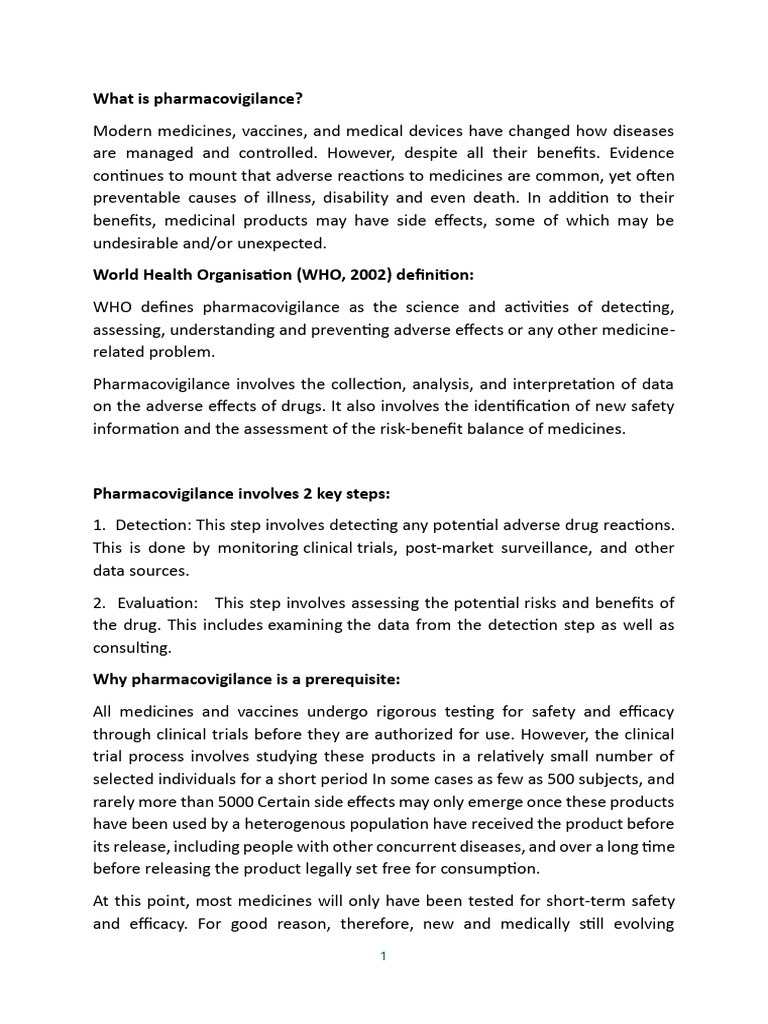 Pharmacovigilance and Drug Safety. Handout of Dr. Laila | PDF