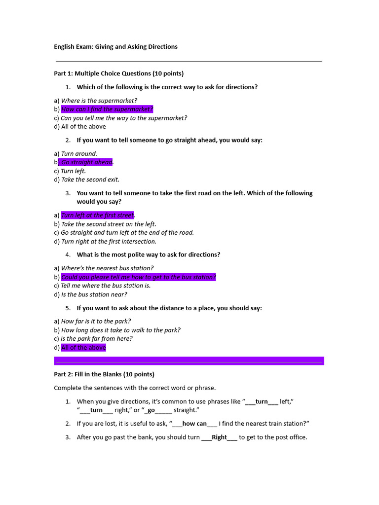 English Directions Exam Guide | PDF