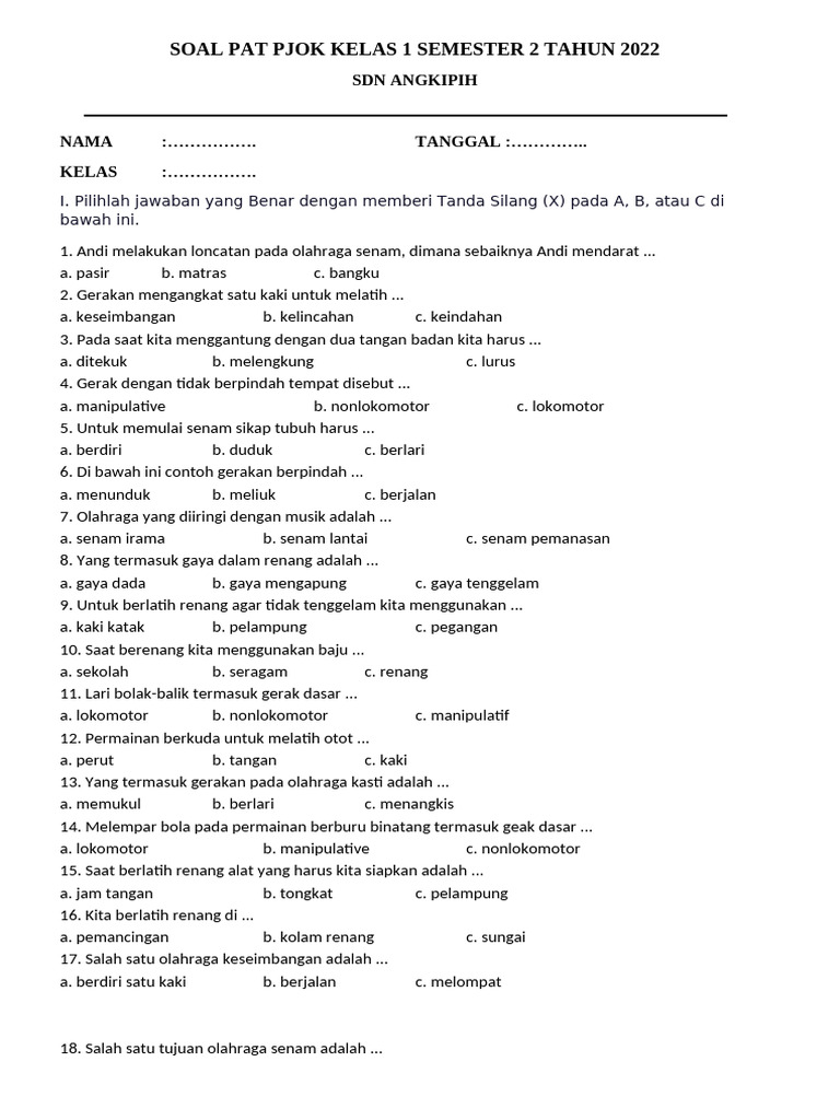 Soal UKK PJOK Kelas 1 Sem 2 Thun 2022 | PDF