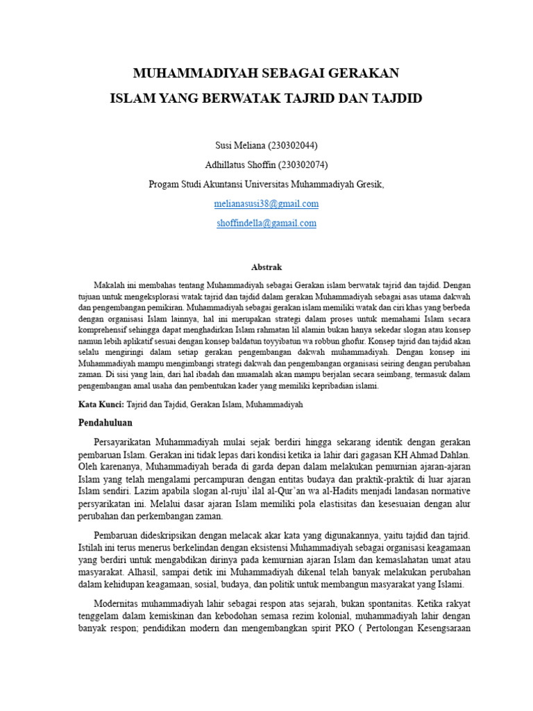 Muhammadiyah Sebagai Gerakan Islam Yang Berwatak Tajrid Dan Tajdid | PDF