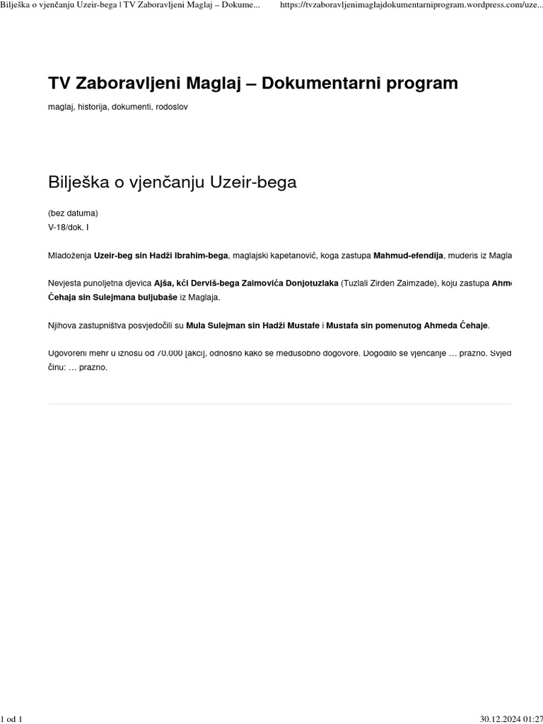 Bilješka o vjenčanju Uzeir-bega _ TV Zaboravljeni Maglaj – Dokumentarni ...