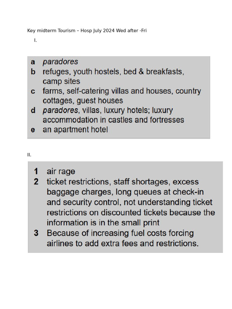 Key midterm Tourism - Hosp July 2024 Wed after -Fri | PDF