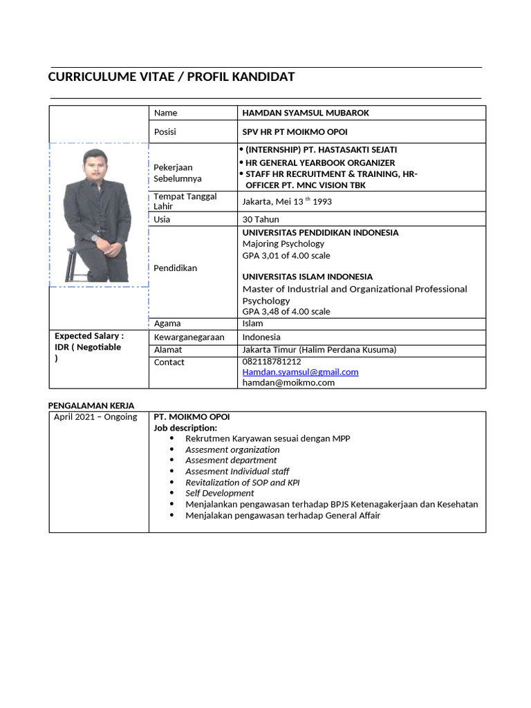 CV Hamdan SM M.psi (1) | PDF | Organizational Behavior | Labor Relations