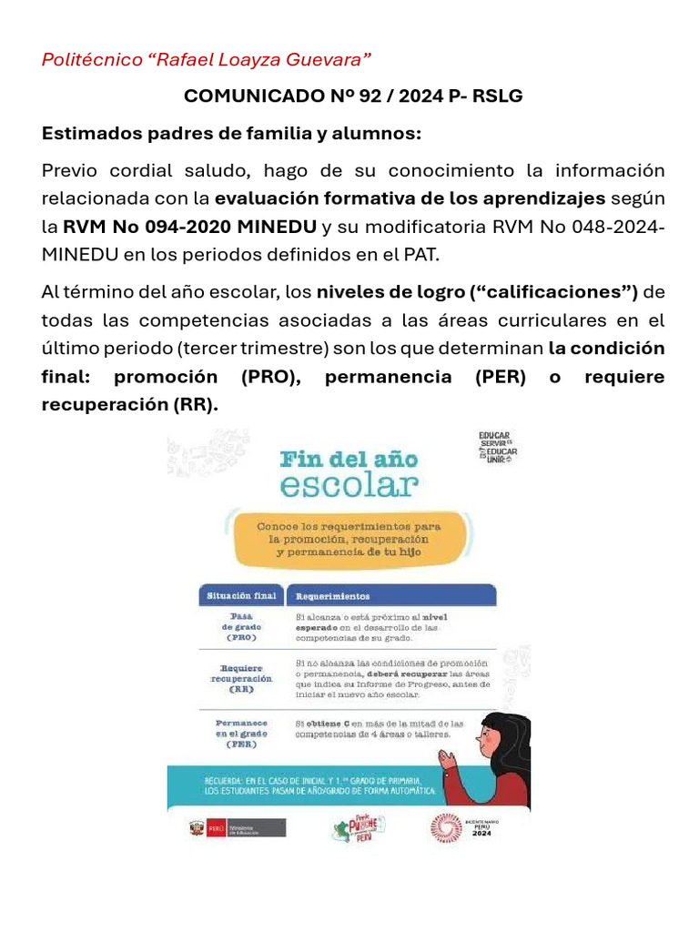 Comunicado Final A PPFF | PDF | Evaluación | Aprendizaje