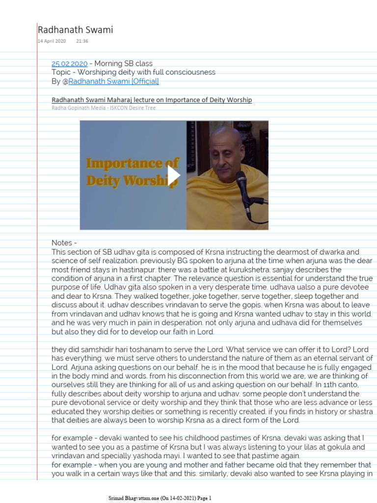 Special_Class_-_Worshiping_Deity_with_full_Consciousness_-_Radhanath_Swami | PDF | Krishna ...