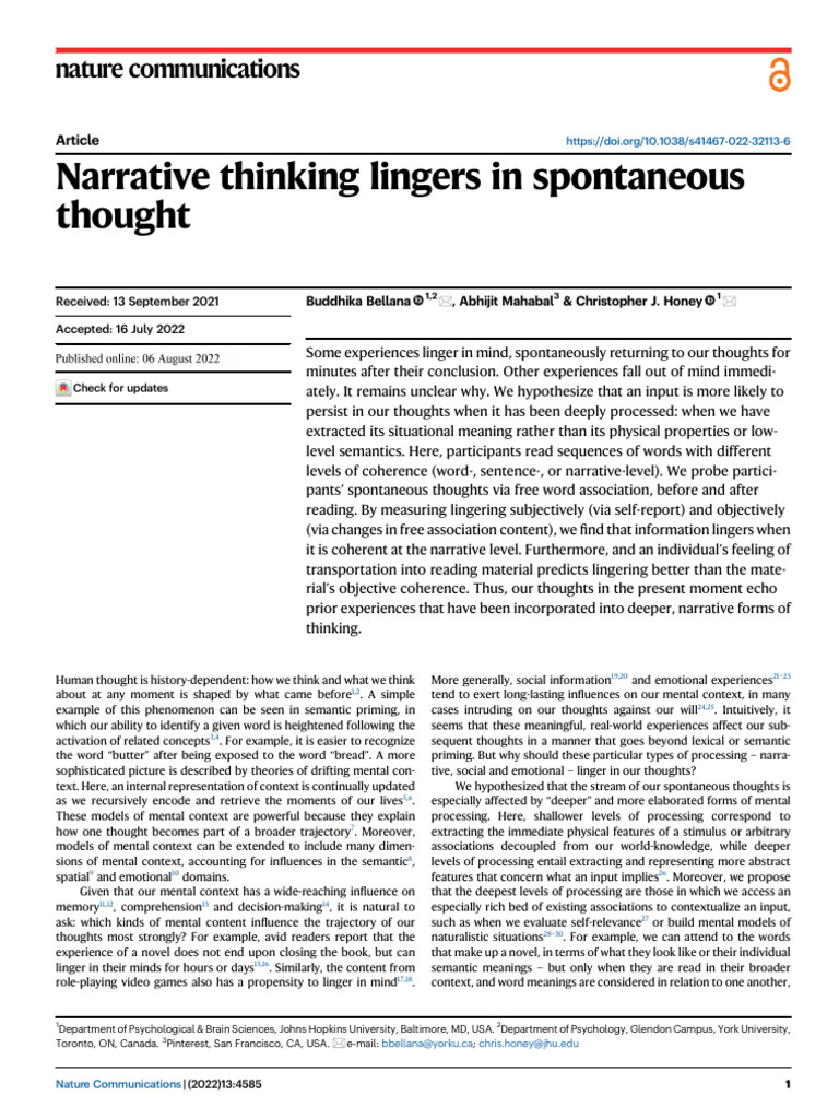 Narrative Thinking and Memory Persistence | PDF | Thought | Cognitive ...