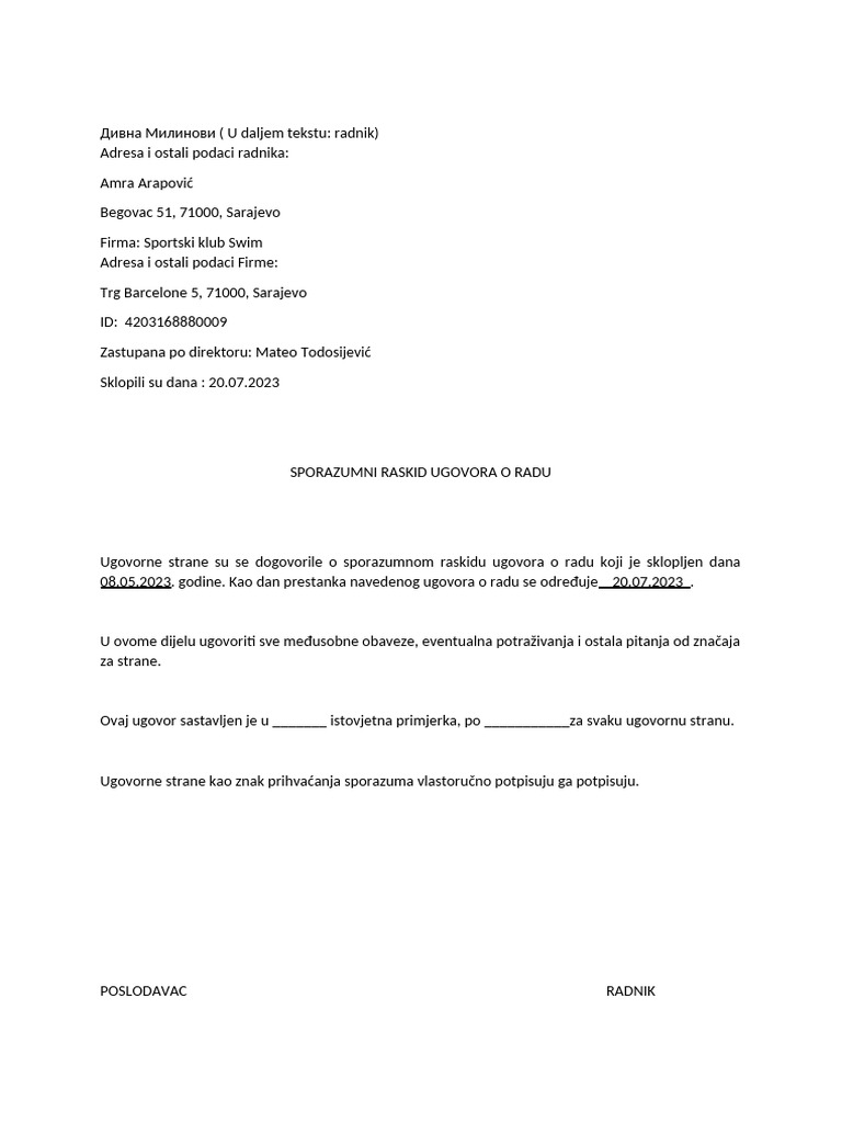 Primjer Sporazuma o Raskidu Ugovora o Radu | PDF