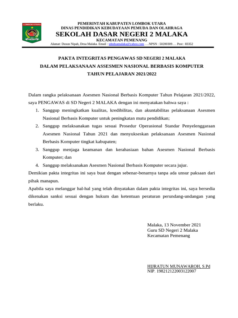 6. Pakta Integritas ANBK 2021 | PDF