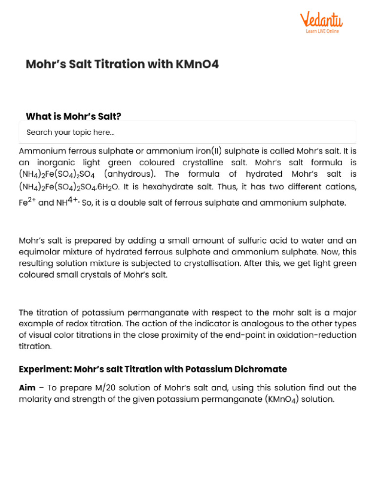 Mohr’s Salt Titration with KMnO4 | PDF