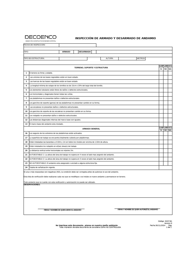 Inspección de Andamios: Checklist Completo | PDF | Andamio