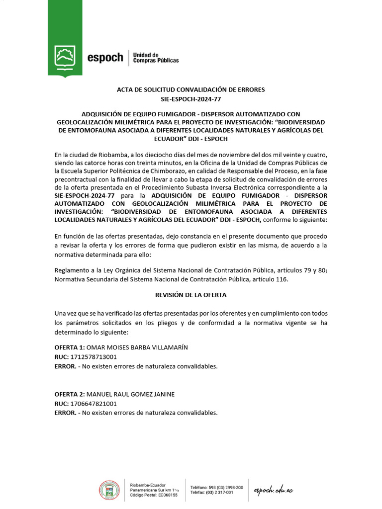 Acta Convalidacion Errores SIE 77 | PDF