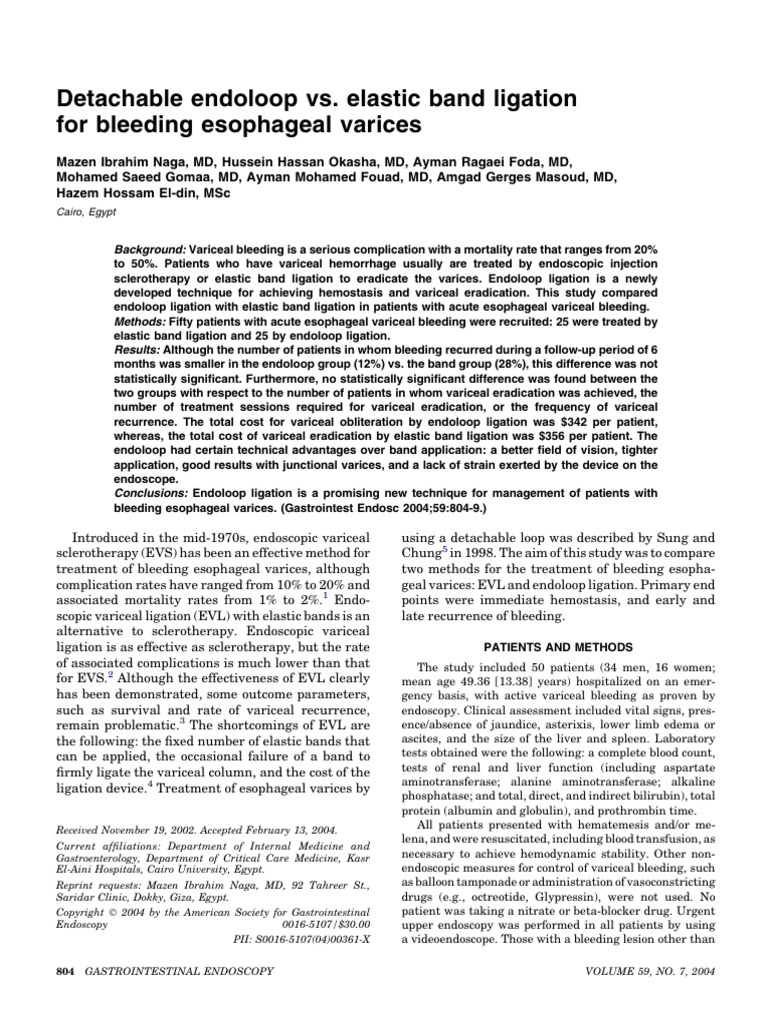 Detachable Endoloop vs. Elastic Band Ligation | PDF | Endoscopy | Esophagus