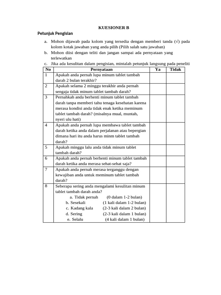 Kuesioner Kepatuhan Minum Tablet Darah | PDF