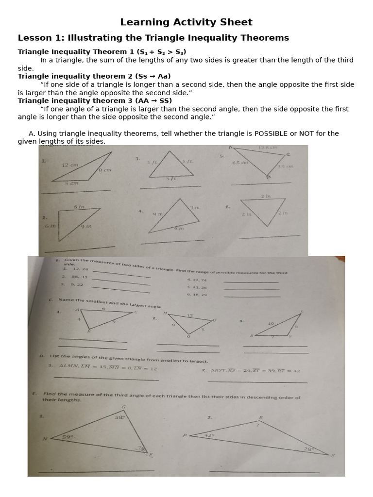 Triangle Inequality and Hinge Theorems | PDF | Triangle | Triangle Geometry