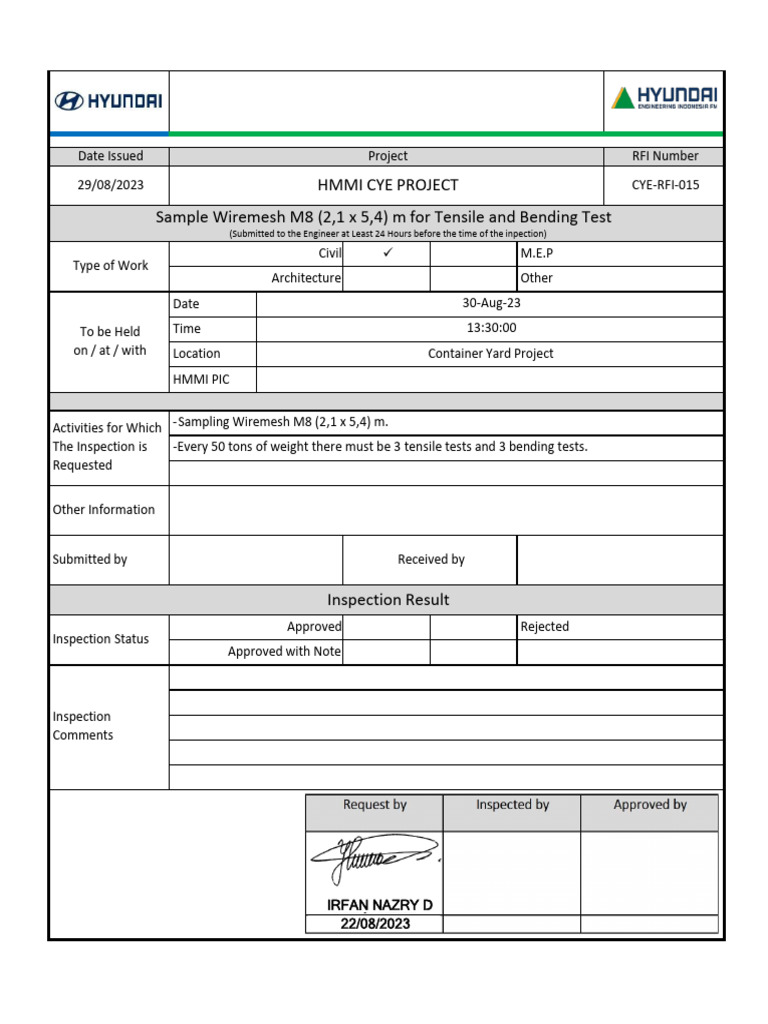 HMMI - CYE - RFI - 015 - Sample Wiremesh M8 (2,1 X 5,4) M For Tensile ...