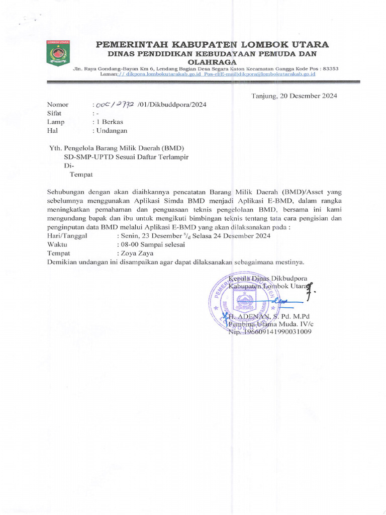 UNDANGAN PESERTA BIMTEK E-BMD | PDF