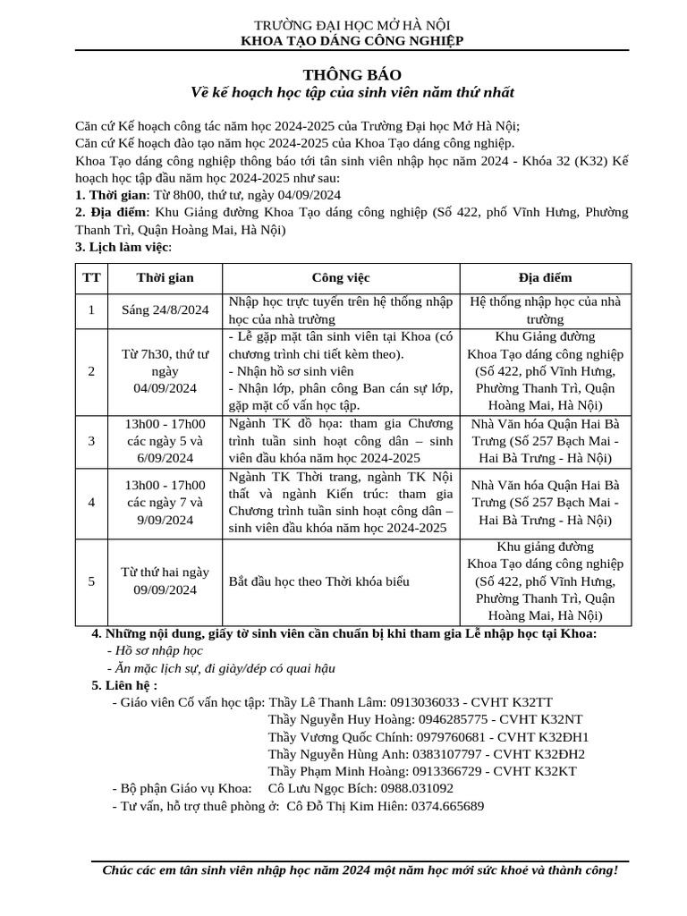 202TDCN. TB Về Kế Hoạch Học Tập Của K32 2024 | PDF