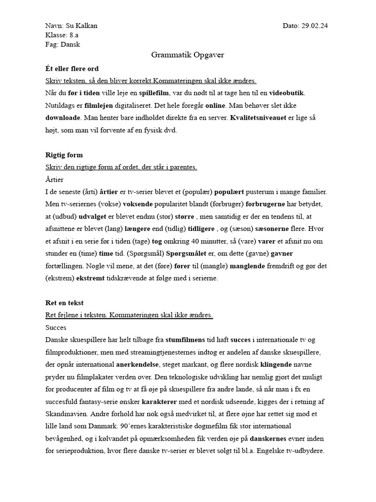 Grammatik Opgaver 2 | PDF