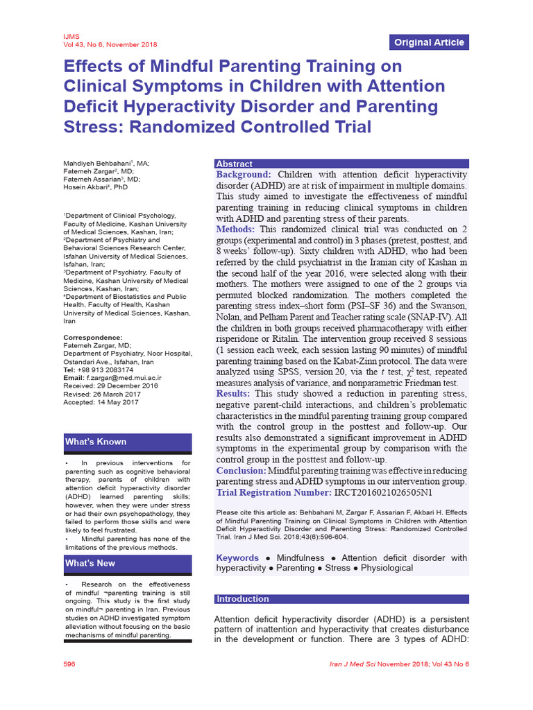 Behbahani 2018 Effects of Mindful Parenting Training On Clinical Symptoms in Children With ...