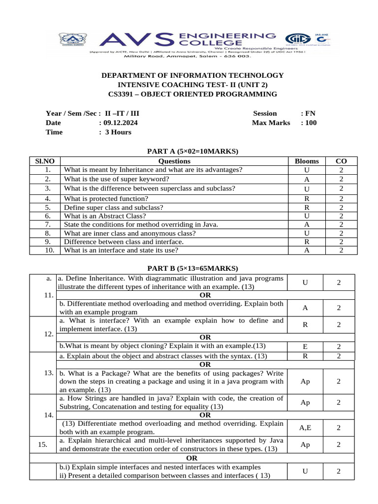 ICT test 2 QP OOPS | PDF | Inheritance (Object Oriented Programming ...