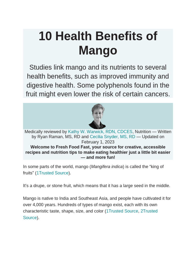 10 Health Benefits of Mango Explained | PDF | Nutrients | Dietary Fiber