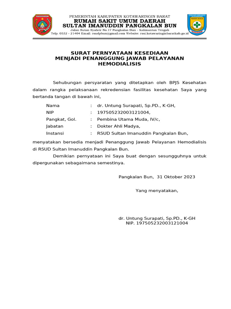 Surat Pernyataan Kesediaan Penanggung Jawab HD 2024 | PDF