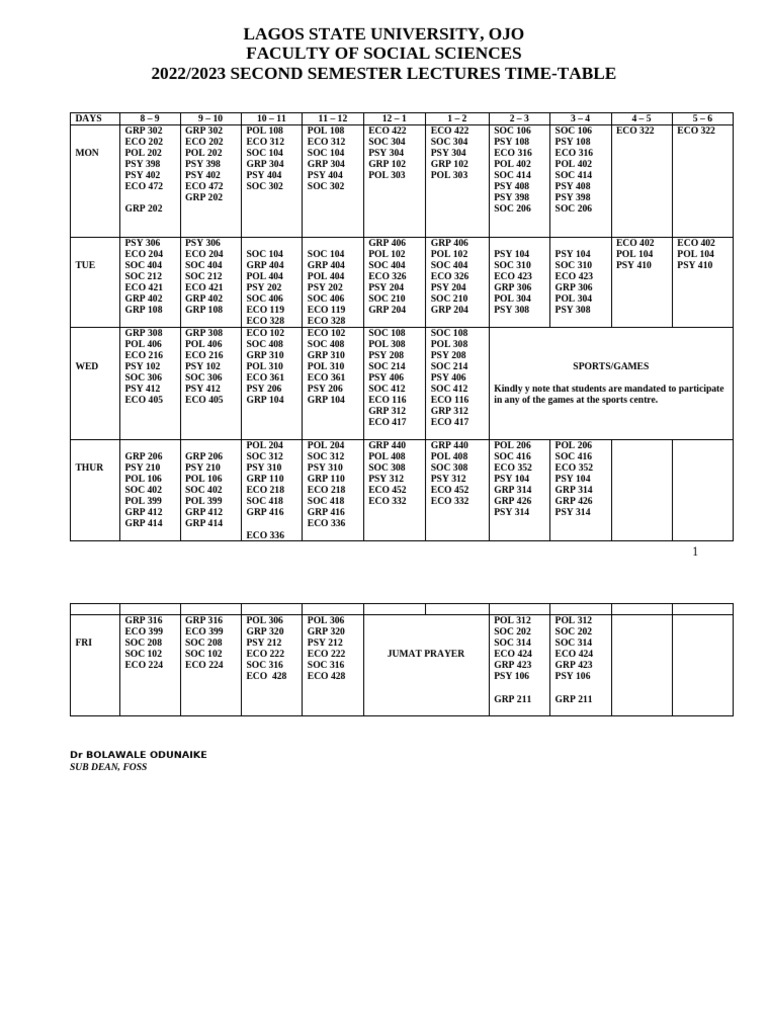 Lecture Timetable Second Semester 20222023 | PDF
