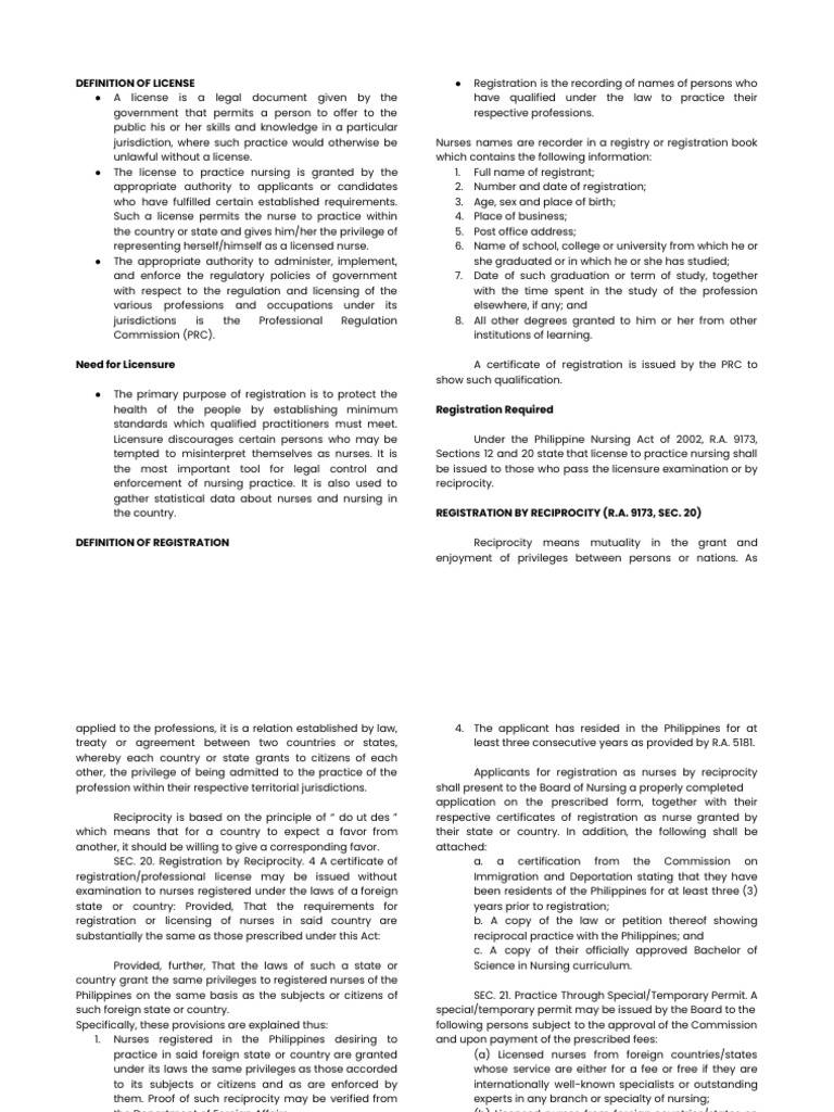 NCM 119 - Chapter 2 Licence To Practice Nursing | PDF | Nursing | Citizenship