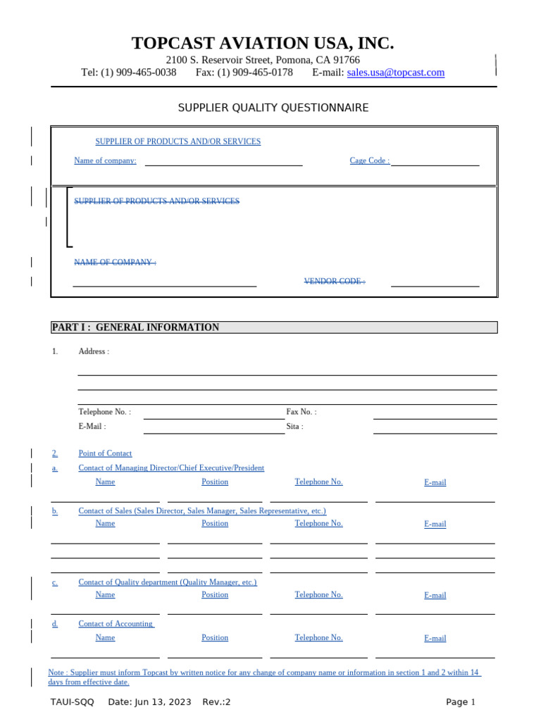 Supplier Quality Questionnaire | PDF | Aviation