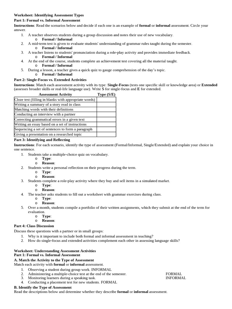 Assessment Types Worksheet Guide | PDF | Educational Assessment ...