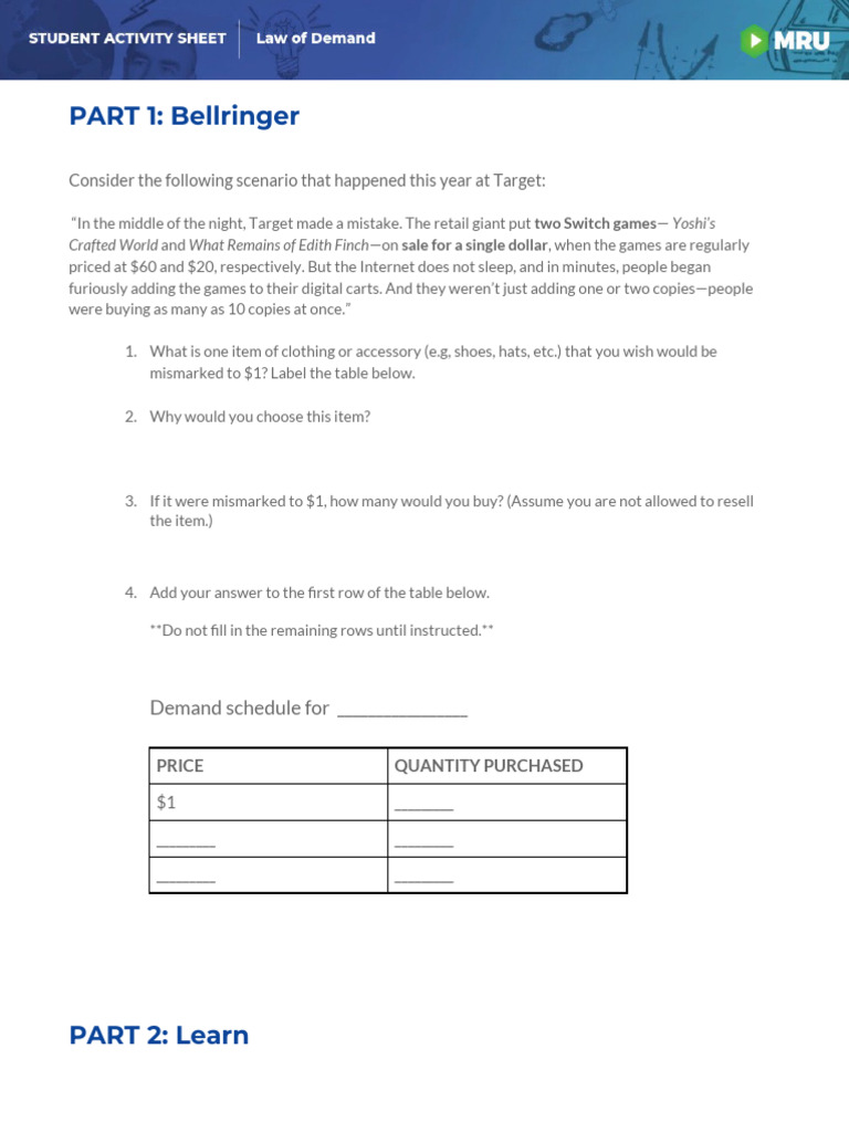 Law of Demand Worksheets | PDF | Demand | Demand Curve