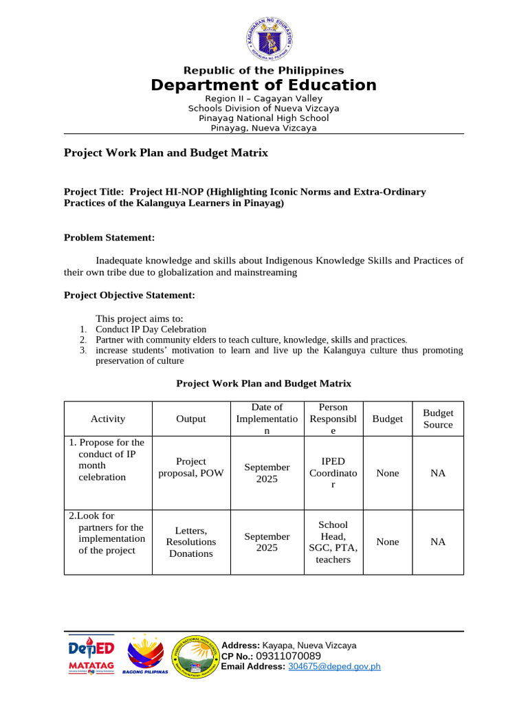 Project Work Plan HI NOP | PDF