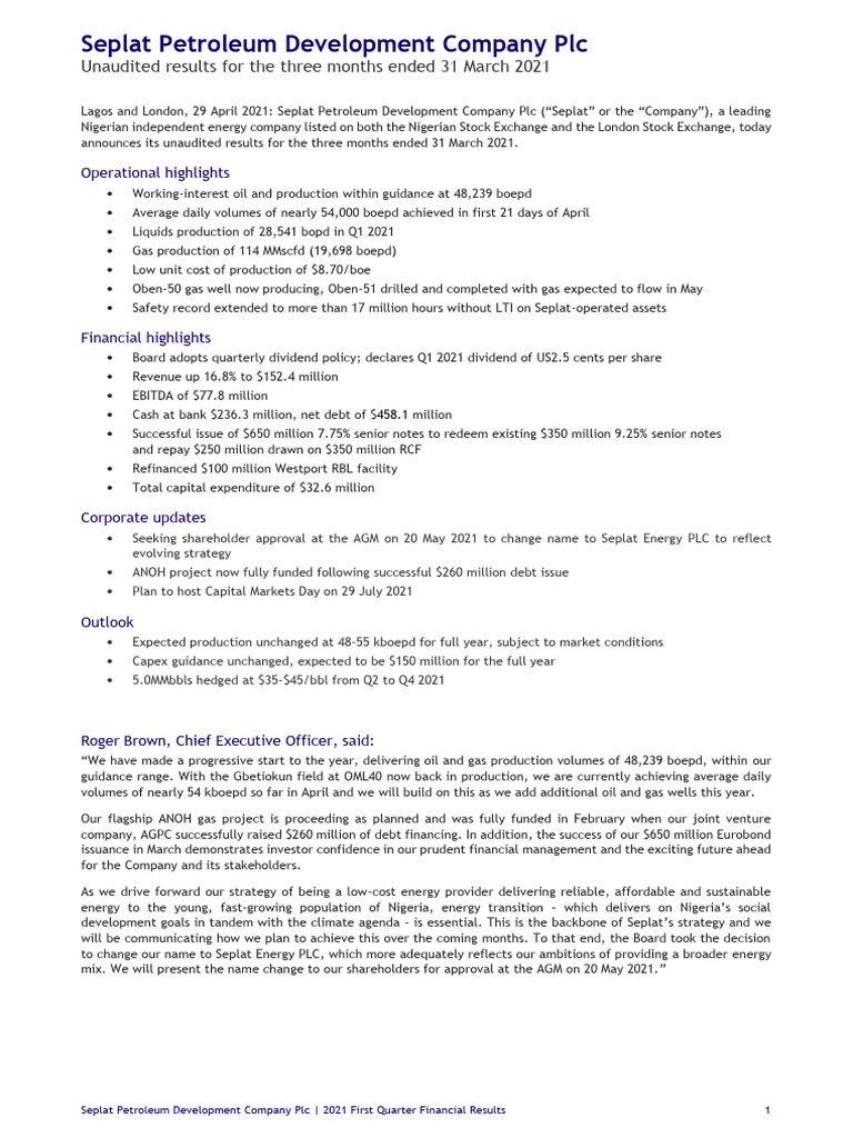 33172_SEPLAT_PETROLEUM_DEVELOPMENT_COMPANY_PLC _QUARTER_1_ _ | PDF ...