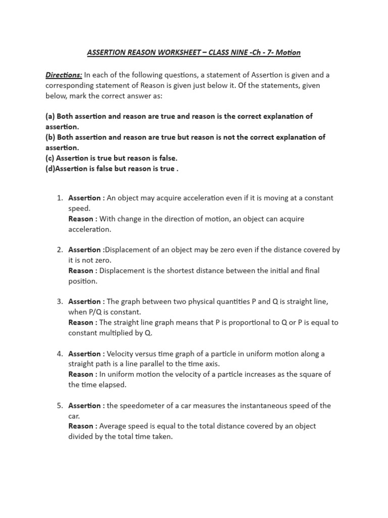 Physics - Assertion Reason WS - Motion | PDF | Speed | Velocity