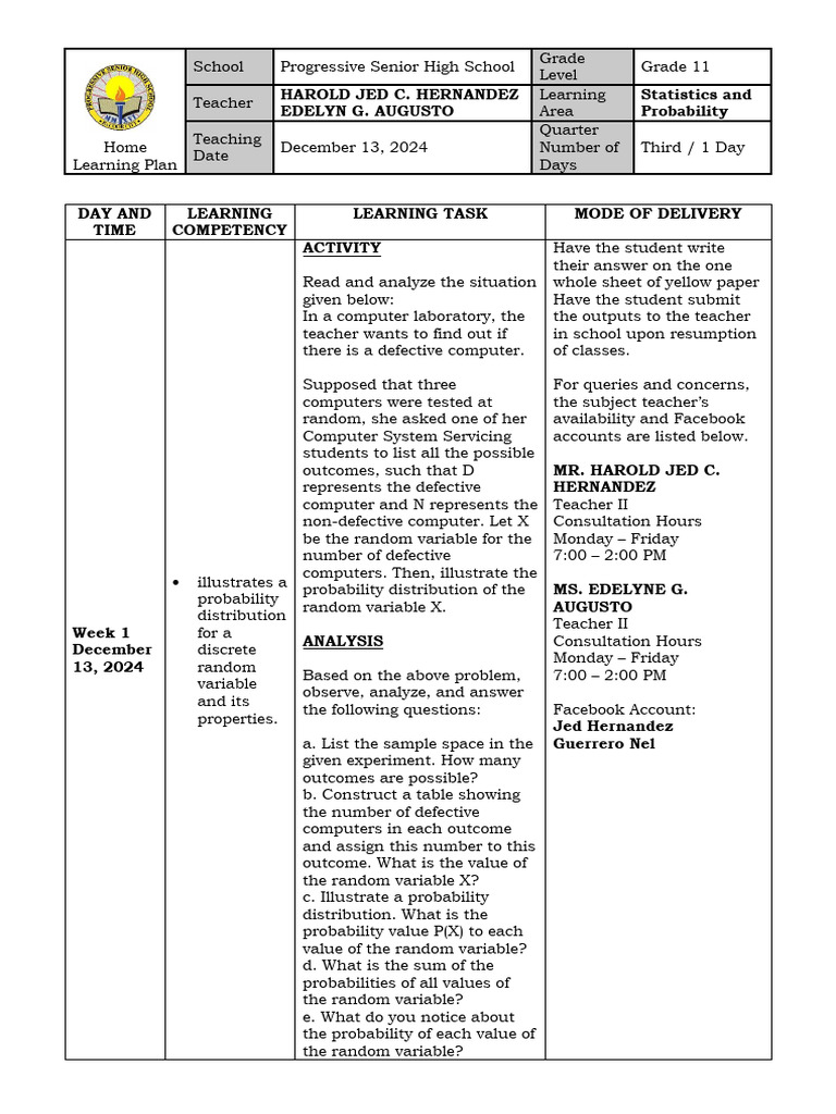 Q3 Core 11 Statistics Probability Dec 13 HernandezAugusto | PDF | Probability Distribution ...