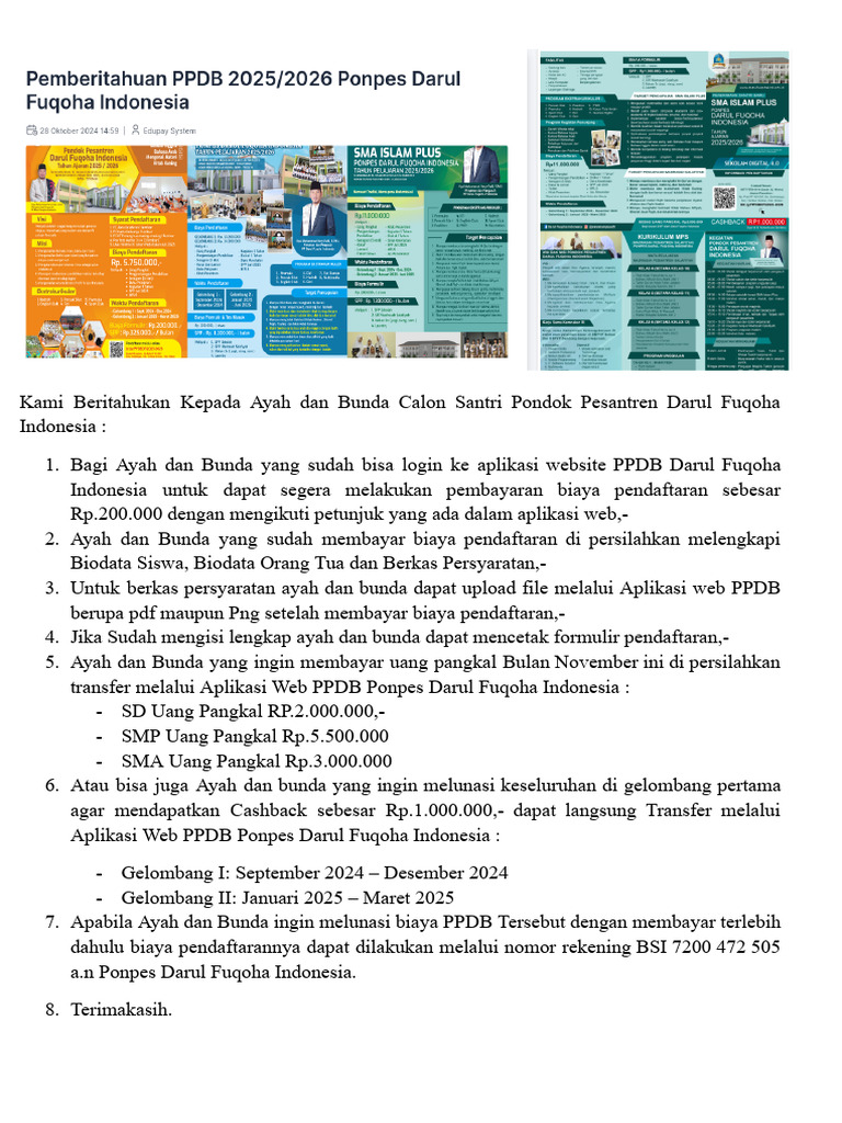 Pemberitahuan PPDB Ponpes Darul Fuqoha Indonesia | PDF