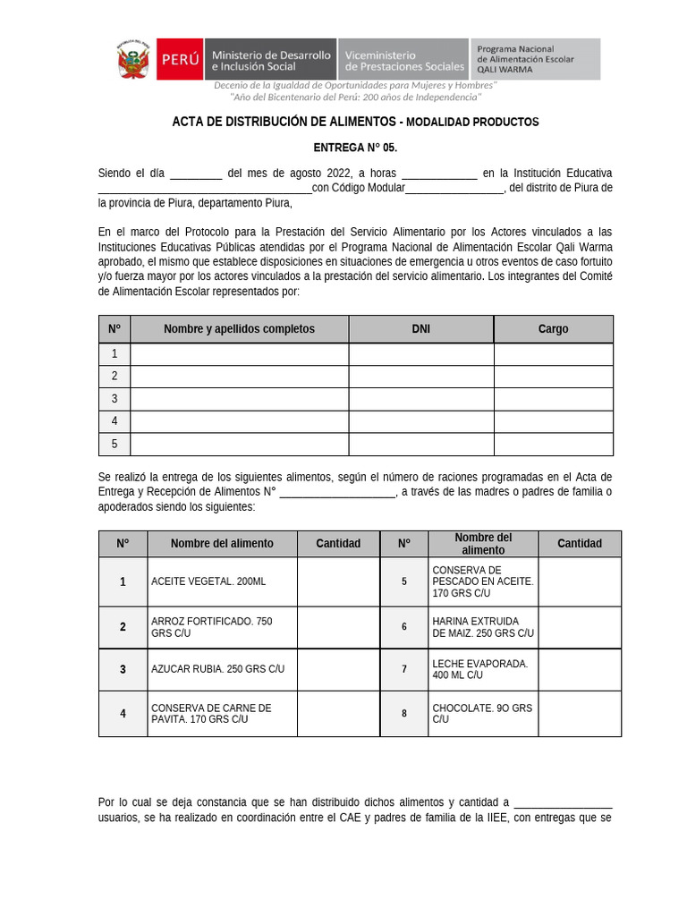 Nivel Inicial - Acta de Distribucion de Alimentos | PDF | Alimentos Nivel Inicial - Acta de Distribucion de Alimentos | PDF | Alimentos