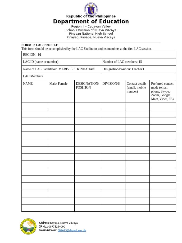 Form 1. LAC Profile 1 | PDF