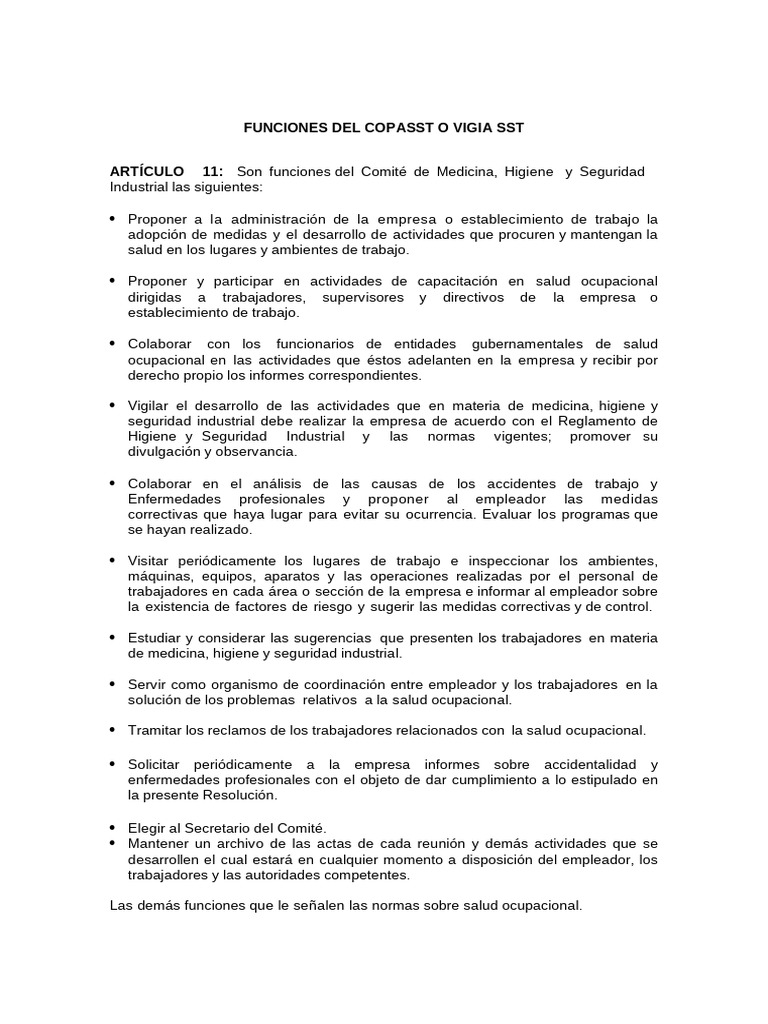 Funciones Del Copasst o Vigia SST | PDF | Seguridad y salud ocupacional ...