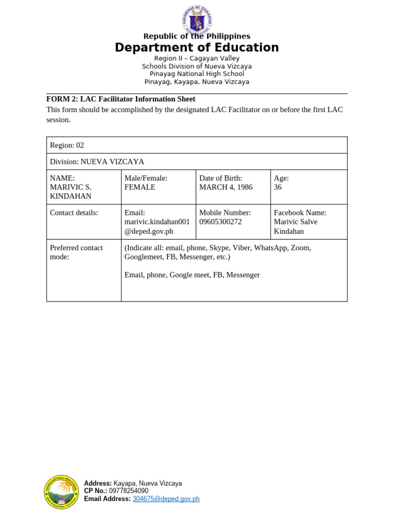 Form 2. LAC Facilitator Information Sheet | PDF