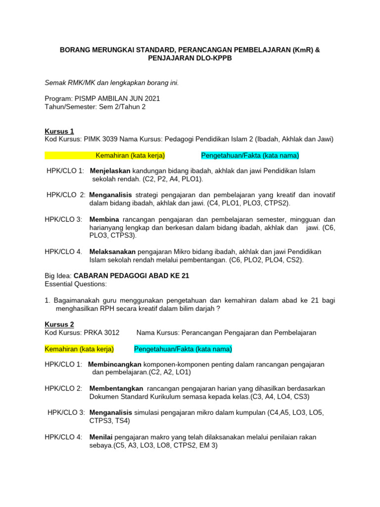 BORANG MERUNGKAI STANDARD, PERANCANGAN PEMBELAJARAN & PENJAJARAN DLO ...