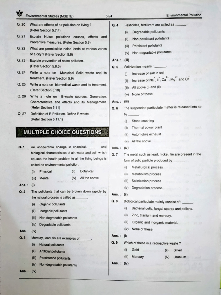 Est ch5 Environmental Pollution Mcqs | PDF