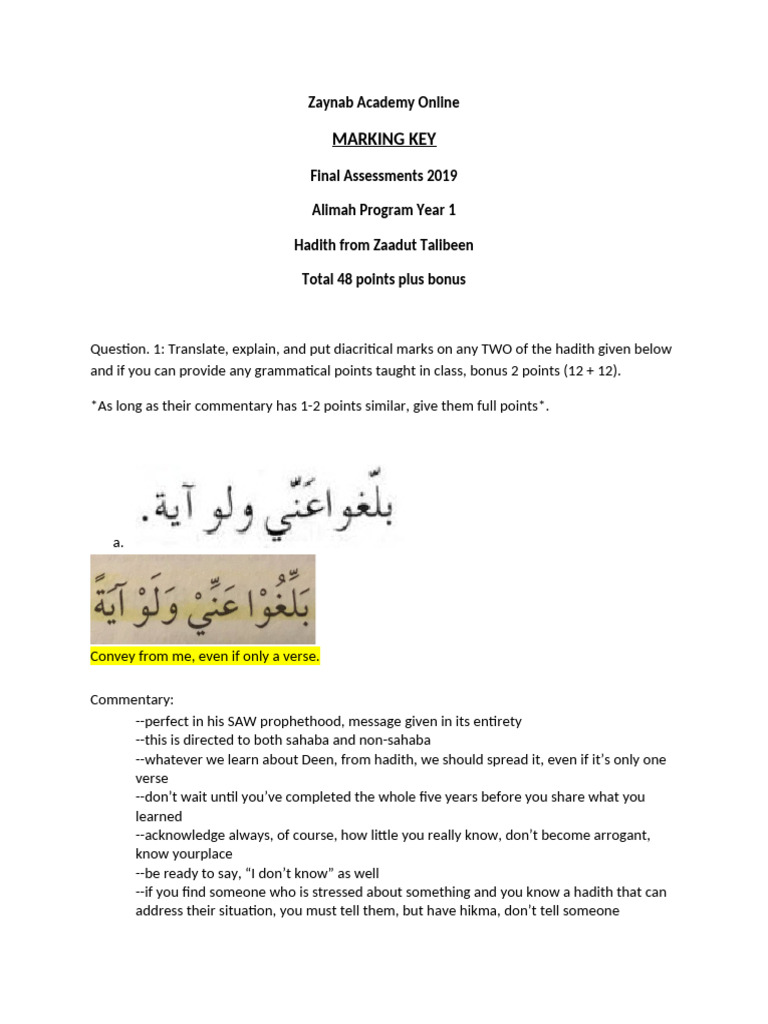 ECIL1 Hadith Final Exam MARKING KEY Spring Term 2019 | PDF | Semitic ...