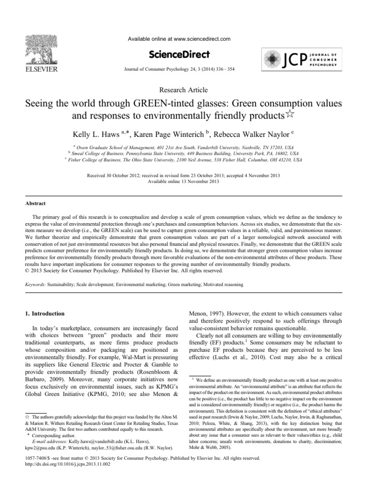 Green Consumption Values - Haws Et Al. 2014 | PDF | Validity ...