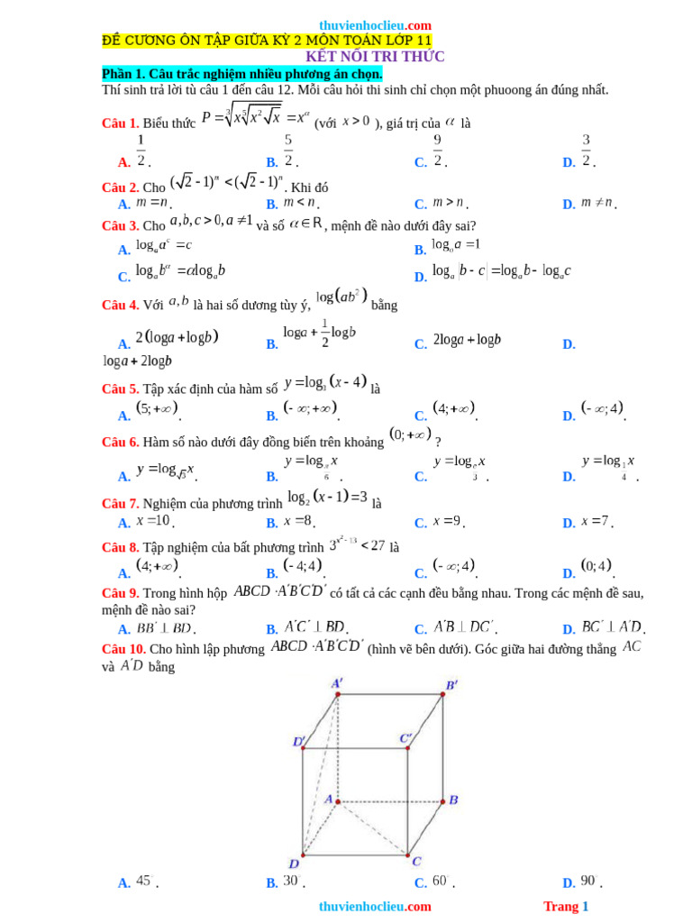 De Cuong On Tap Giua HK2 Toan 11 KNTT | PDF