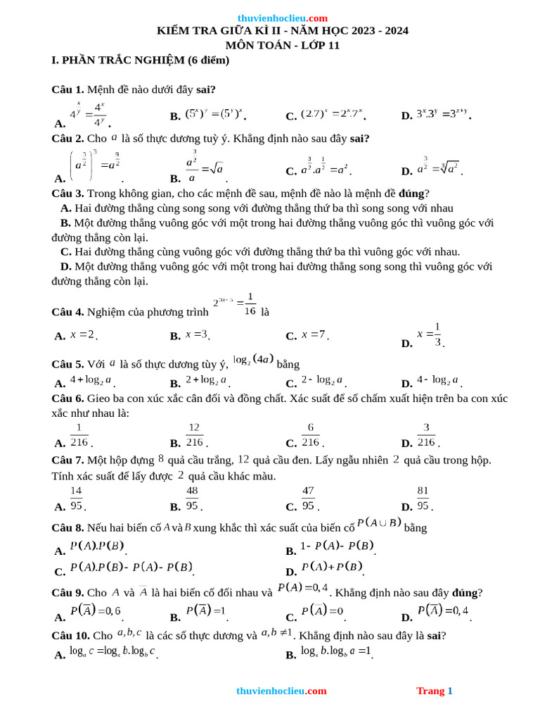 thuvienhoclieu.com-De-kiem-tra-giua-HK2-Toan-11-nam-23-24 | PDF