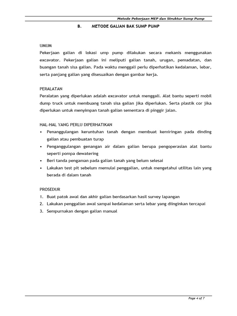 Metode Pekerjaan Galian Sump Pump | PDF